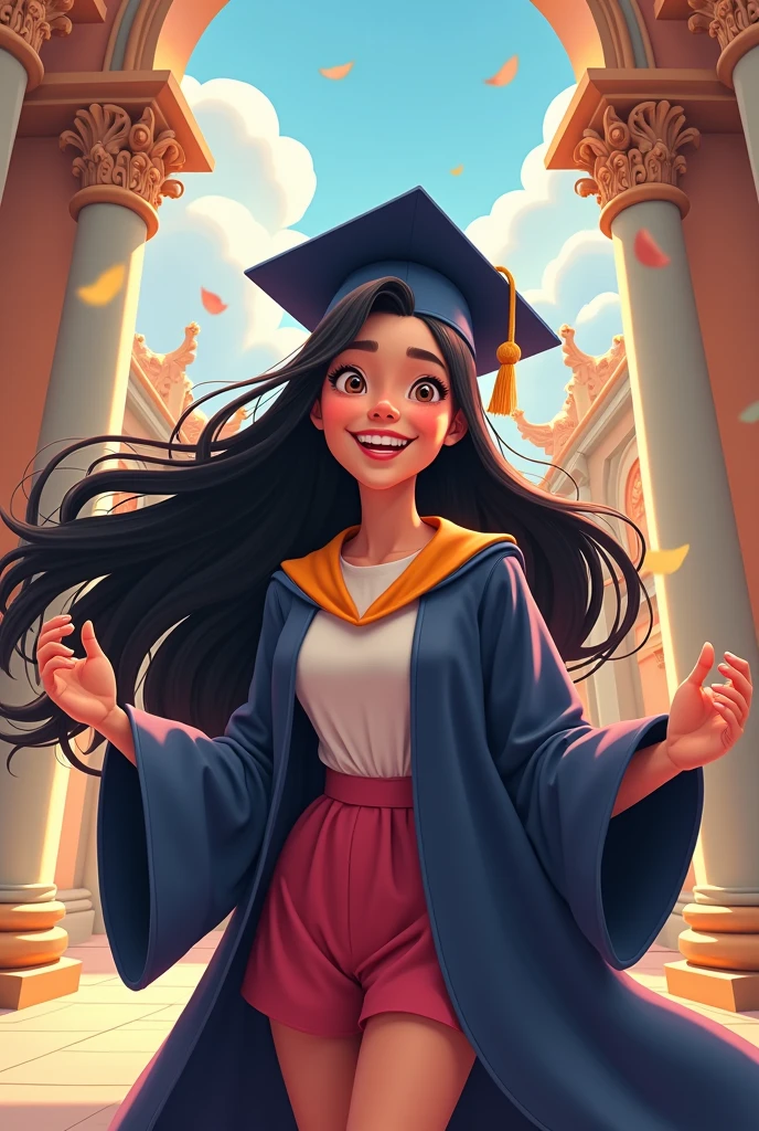 Animated graduation girl with long black hair - SeaArt AI
