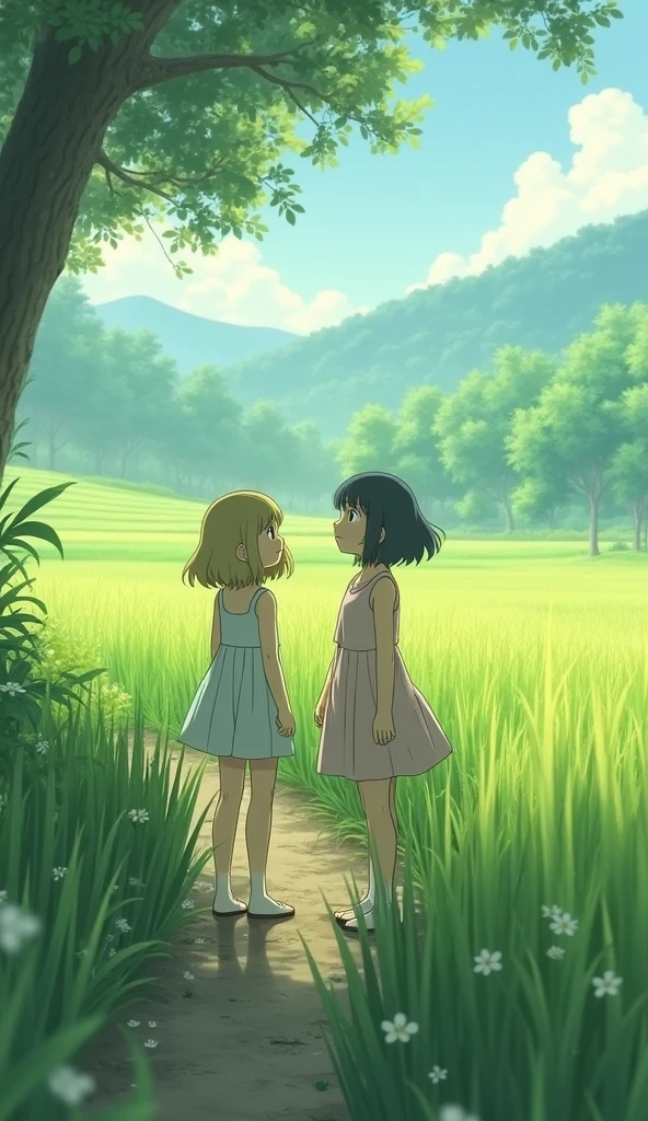 taste is like a Ghibli film 。 two girls spending time near a rice field ...