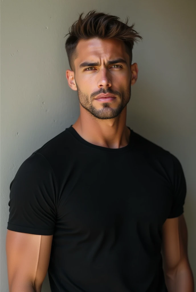 The male European-looking model in the photo is seen from the waist up ...