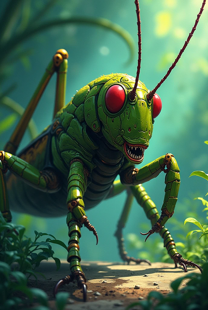 An anime-style grasshopper with a mean and terrifying appearance ...