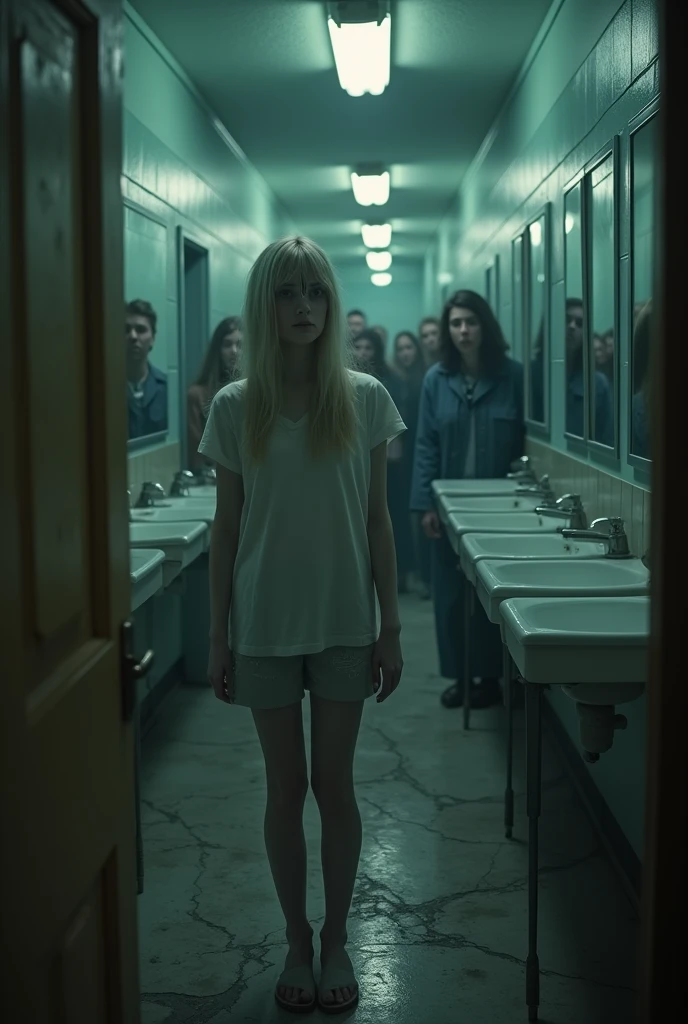 "4k ultra realistic, sony A7RIV: An old and shady school bathroom ...