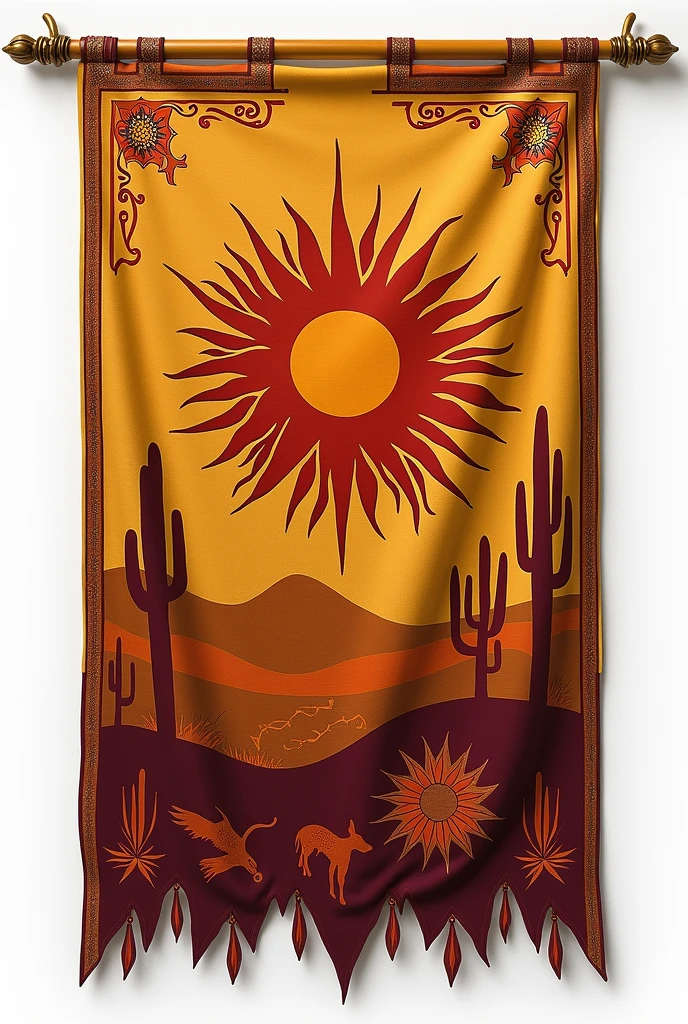 Create an image of a medieval flag that has a touch of desert and a sun ...