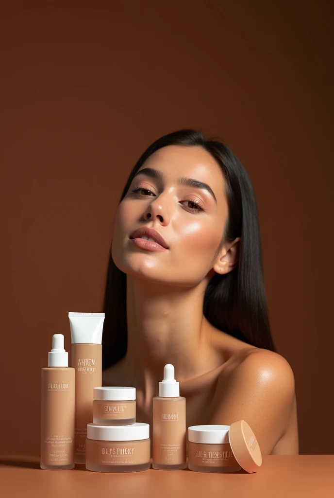 Shooting realistic photo model cosmetics self-tanning, fond marron ...