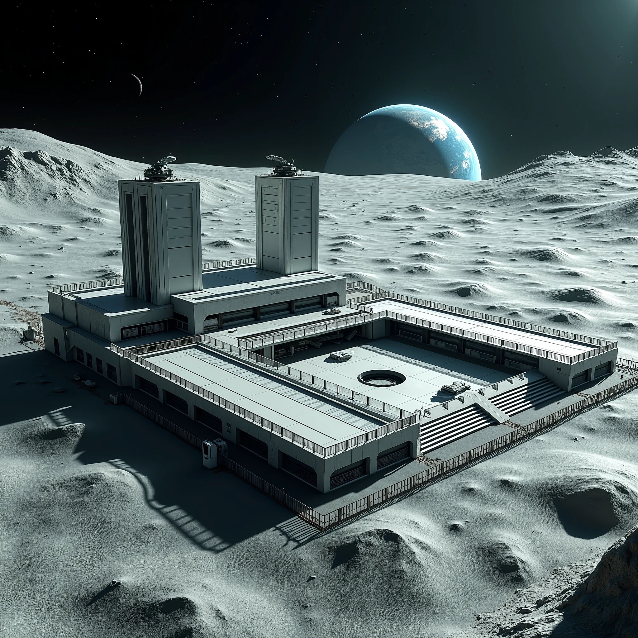 There is a large building on the moon with a planet in the background ...
