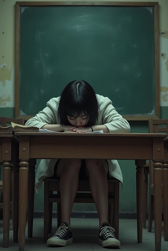 The same very sad and dull teacher sitting in the classroom - SeaArt AI