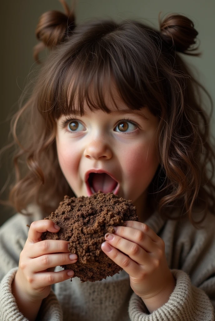 A fat girl eating poop. She has brown hair with brown eyes and her hair ...