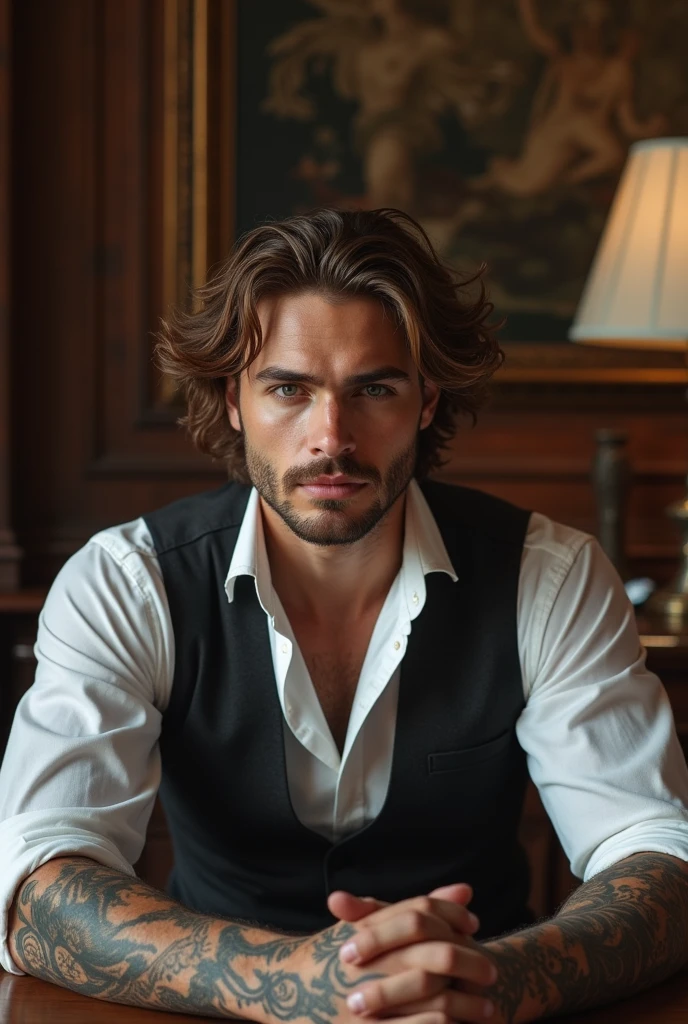 A very handsome man , young, With a bit of a beard, curly chestnut hair ...