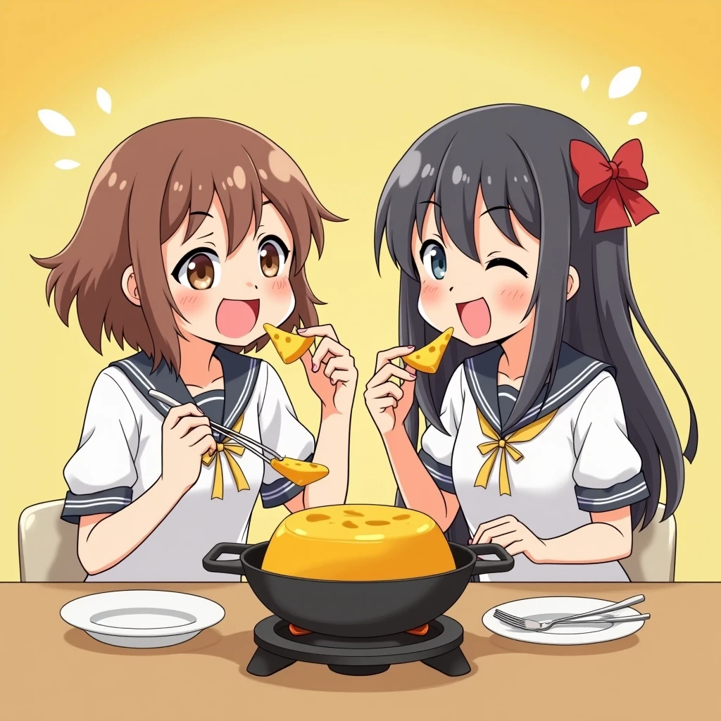 Cute Japanese girls eating cheese fondue, happy expressions, dynamic ...