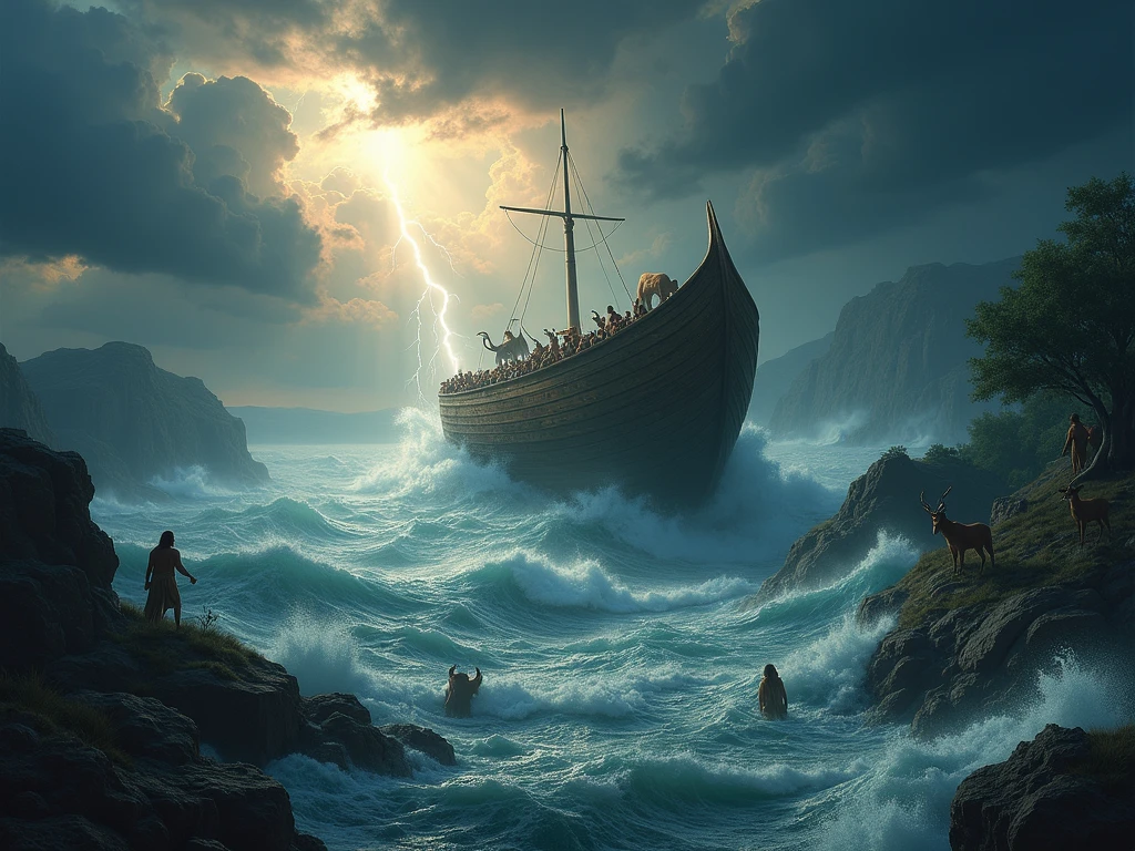 A realistic and impressive image of the biblical flood . An apocalyptic ...