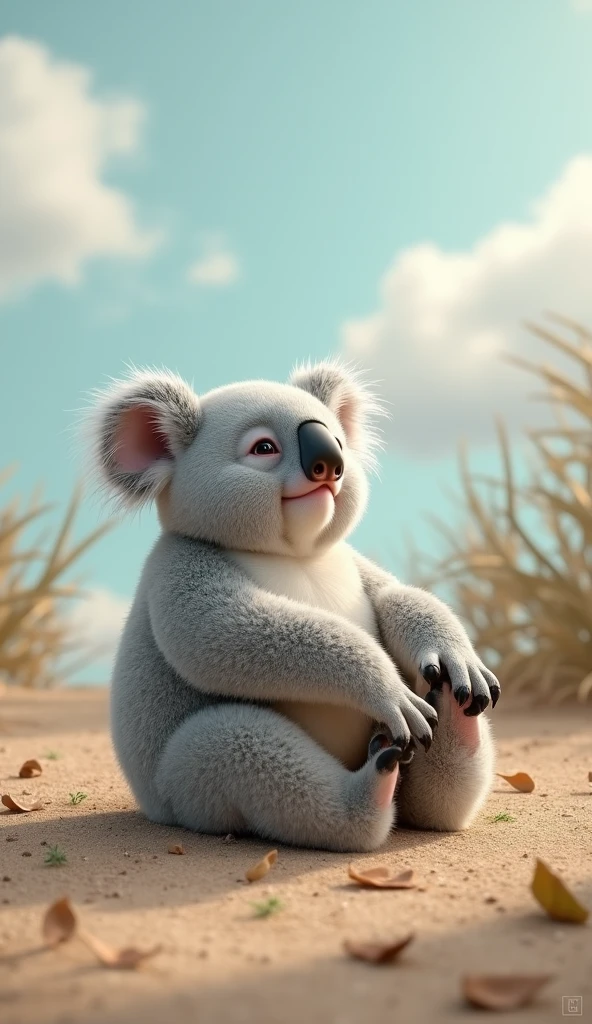 A realistic koala lying on its back on sandy ground, gazing up at the ...