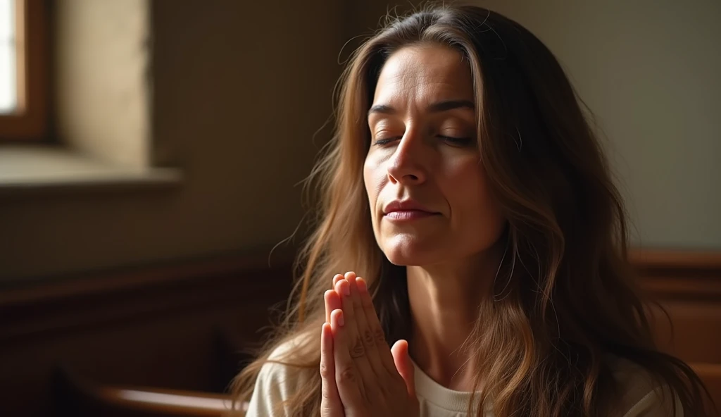 A beautiful 54-year-old Christian woman praying for long brown hair ...