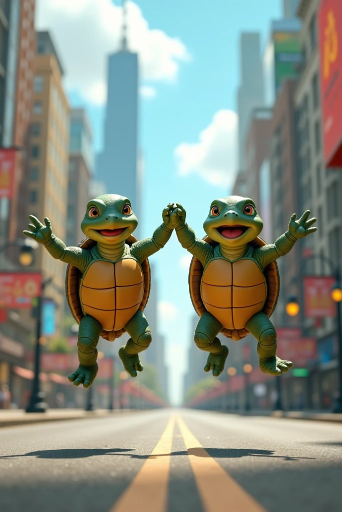 2 turtles jumping while holding hands down town - SeaArt AI