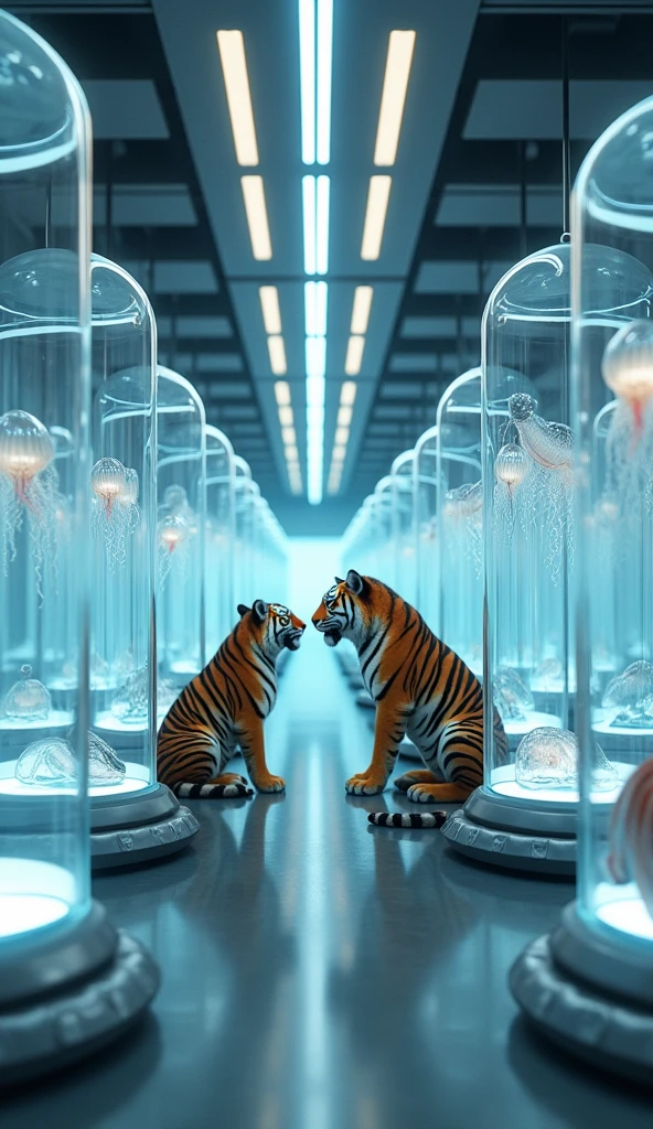 A futuristic laboratory filled with rows of cylindrical clear glass ...