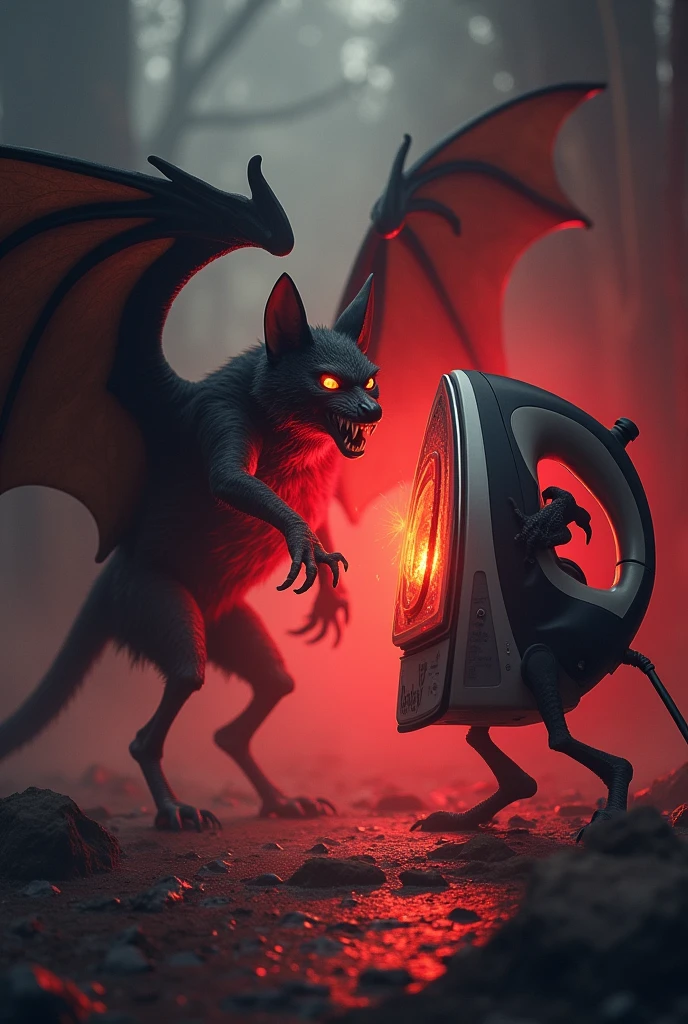 Create an image featuring a bat and an iron (as in a clothes iron ...