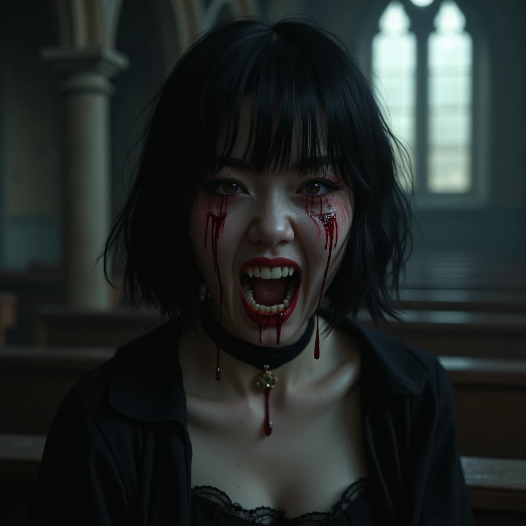 A woman, black short hair, vampire suit, in the abandoned church ...