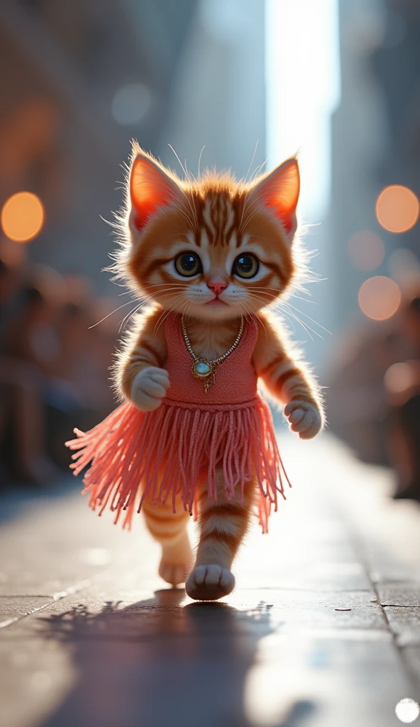 ( photorealism:1.2), A cute kitten walks the runway in a tassel dress ...