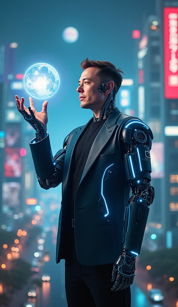 Elon Musk transforms into a cybernetic visionary, his body seamlessly ...