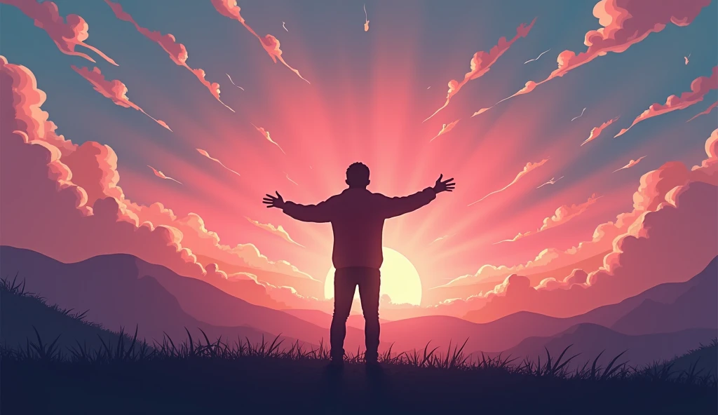 A silhouette of someone raising their hands to the sky at dawn - SeaArt AI