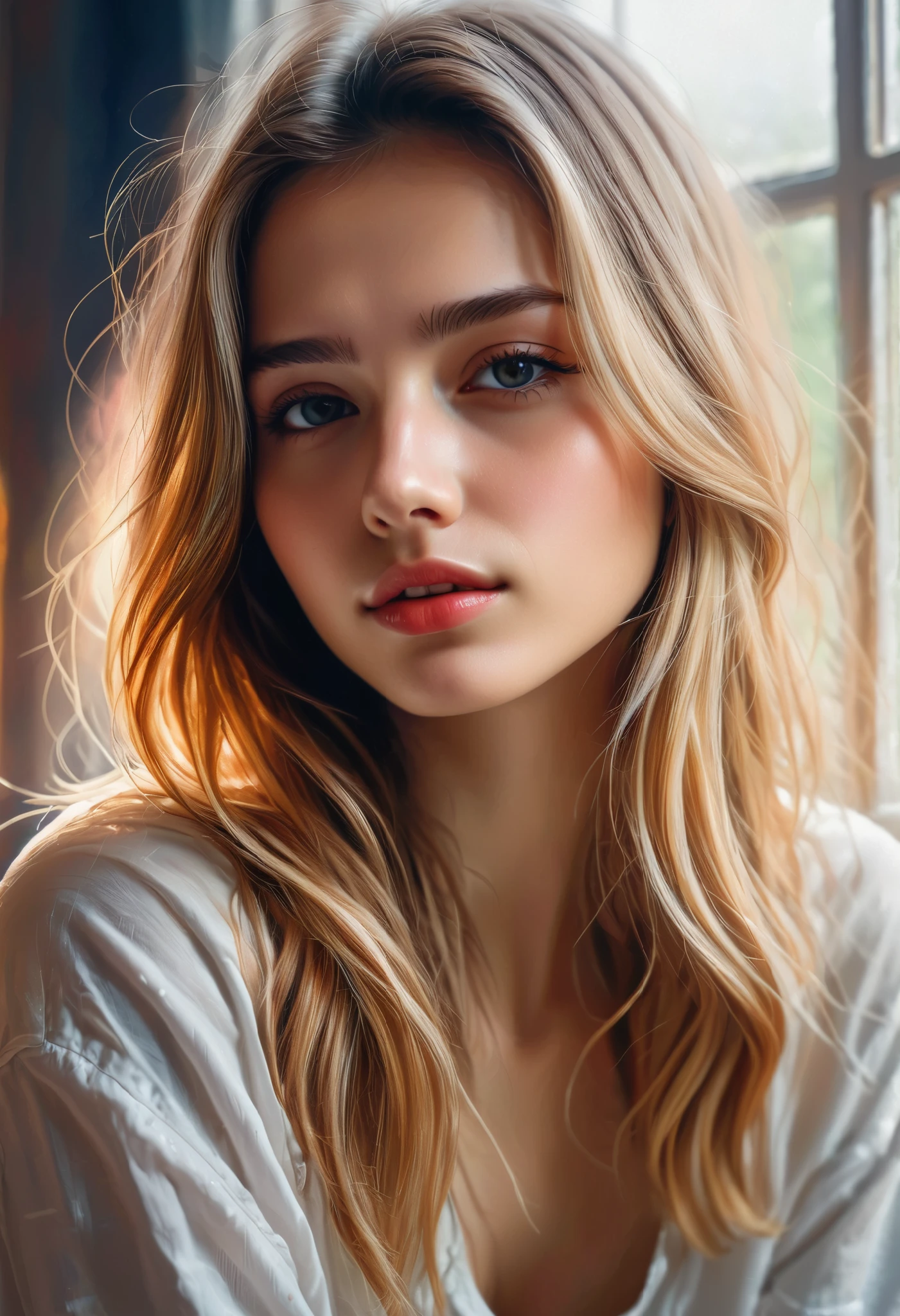 A close up of a woman with long hair and a white shirt - SeaArt AI