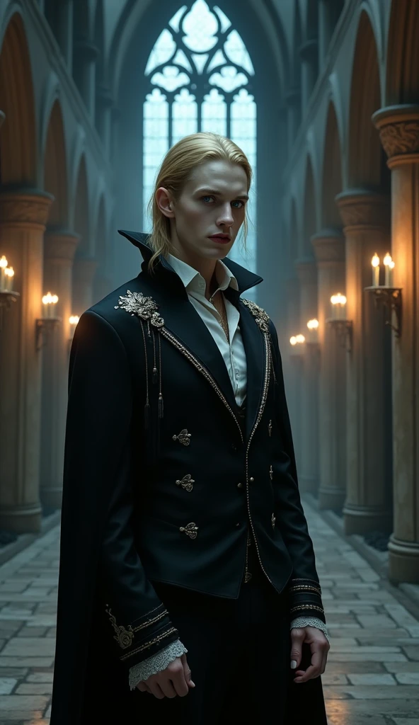 A tall, pale-skinned male vampire with golden hair neatly swept back ...