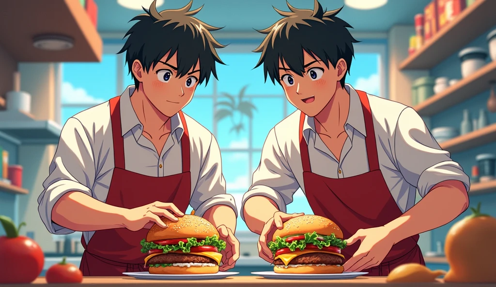 The two guys are preparing anime burgers men - SeaArt AI