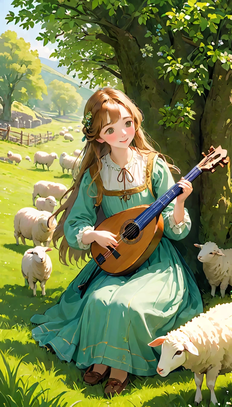Pastoral Idyll/Idyllic/Pastoral idyll、 young woman、 playing the lute ...