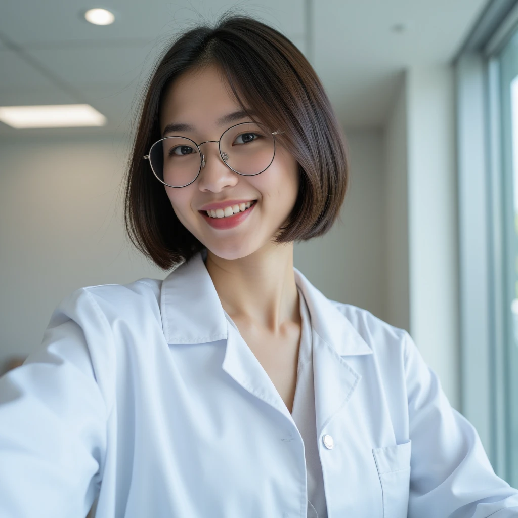HDR, beautiful selfie of a gorgeous young lady wearing a lab coat ...