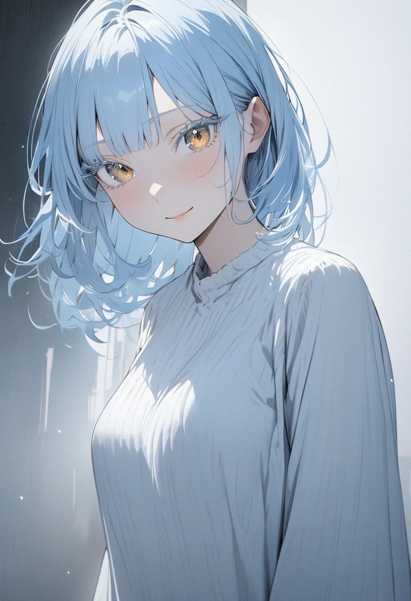 Cute woman, shy smile, medium light blue hair, long, thick light blue ...