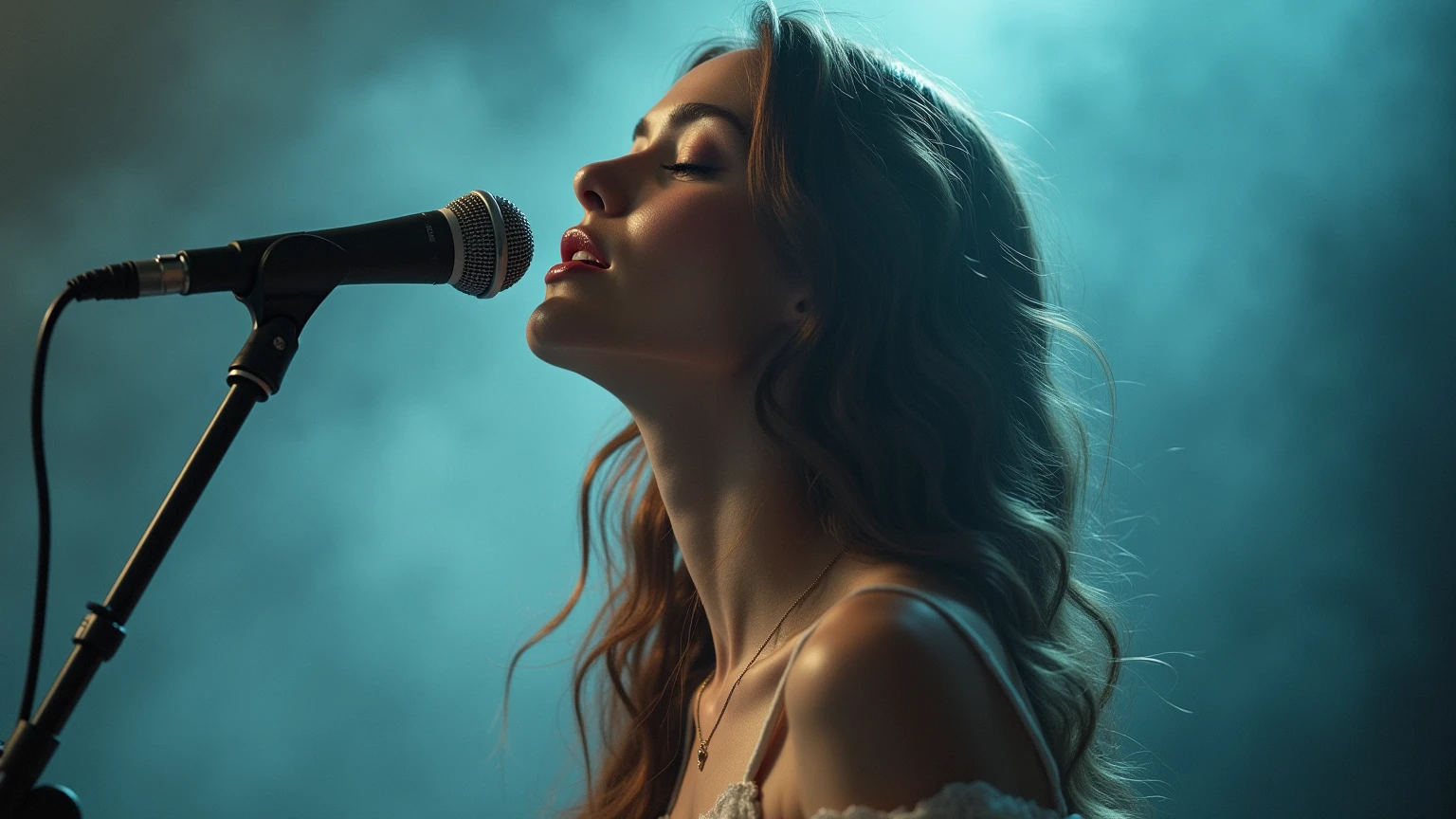 A beautiful woman singing into a microphone with a dreamy expression ...