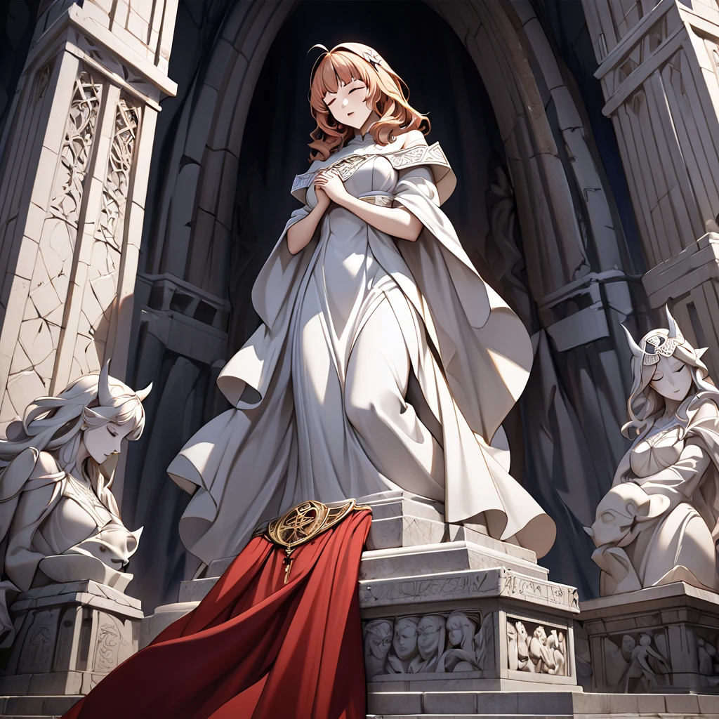 The woman who closes her eyes on the stone statue of the goddess ...