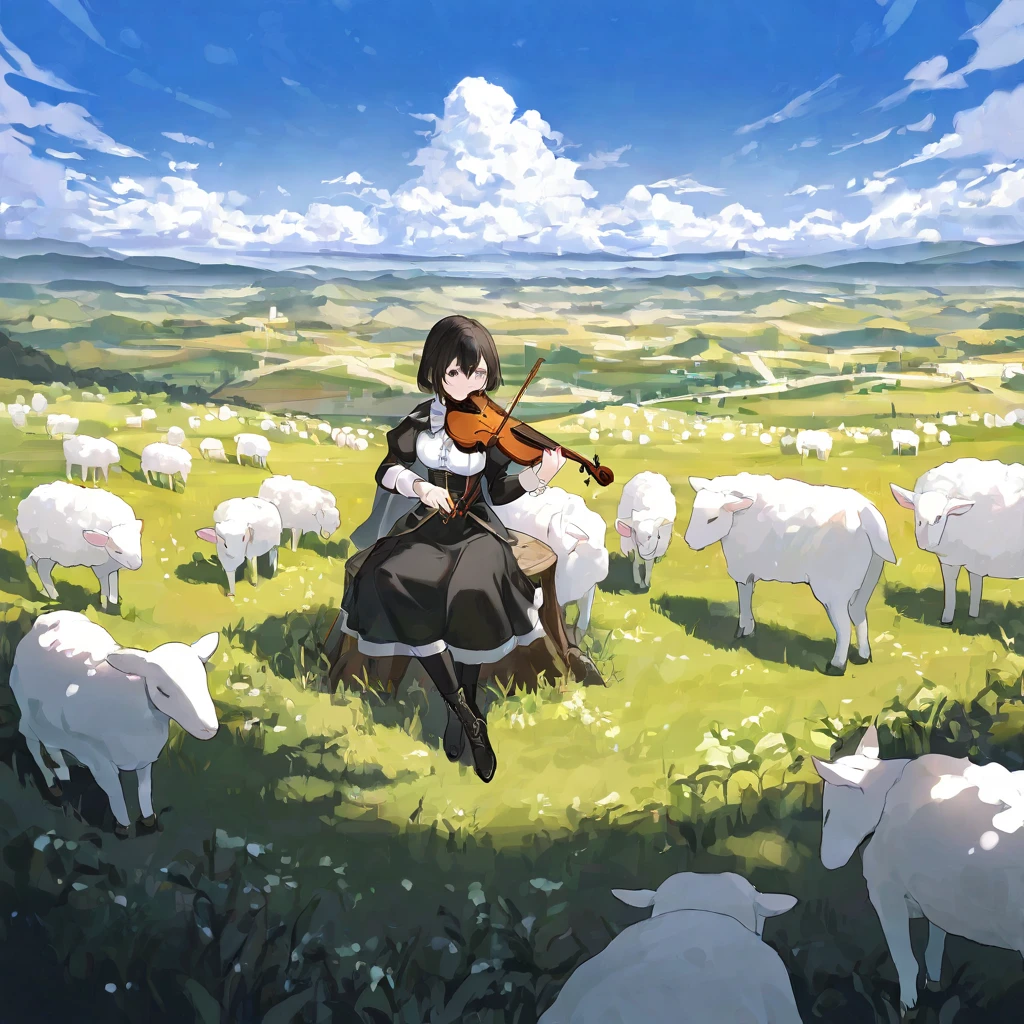 1 woman,Bard Outfit, sitting cross-legged , playing the violin - SeaArt AI