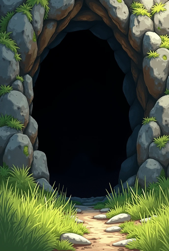2d cave entrance, just black void realistic, make it dirt and grassy ...