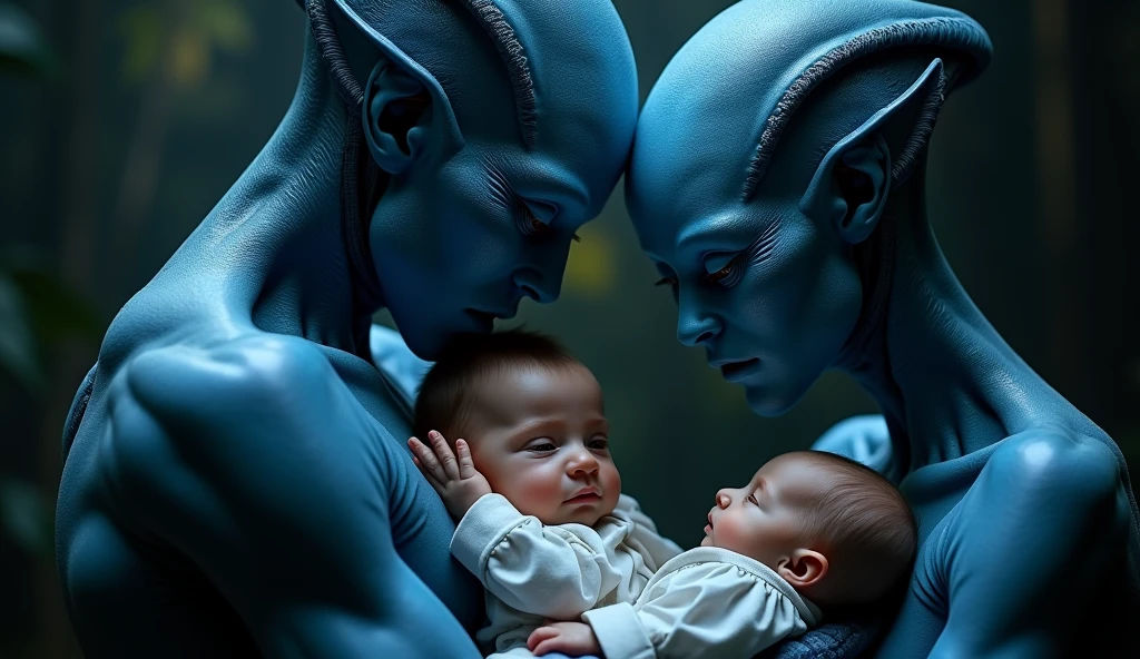 A handsome young alieb blue man with his beaautiful alien blue wife and ...