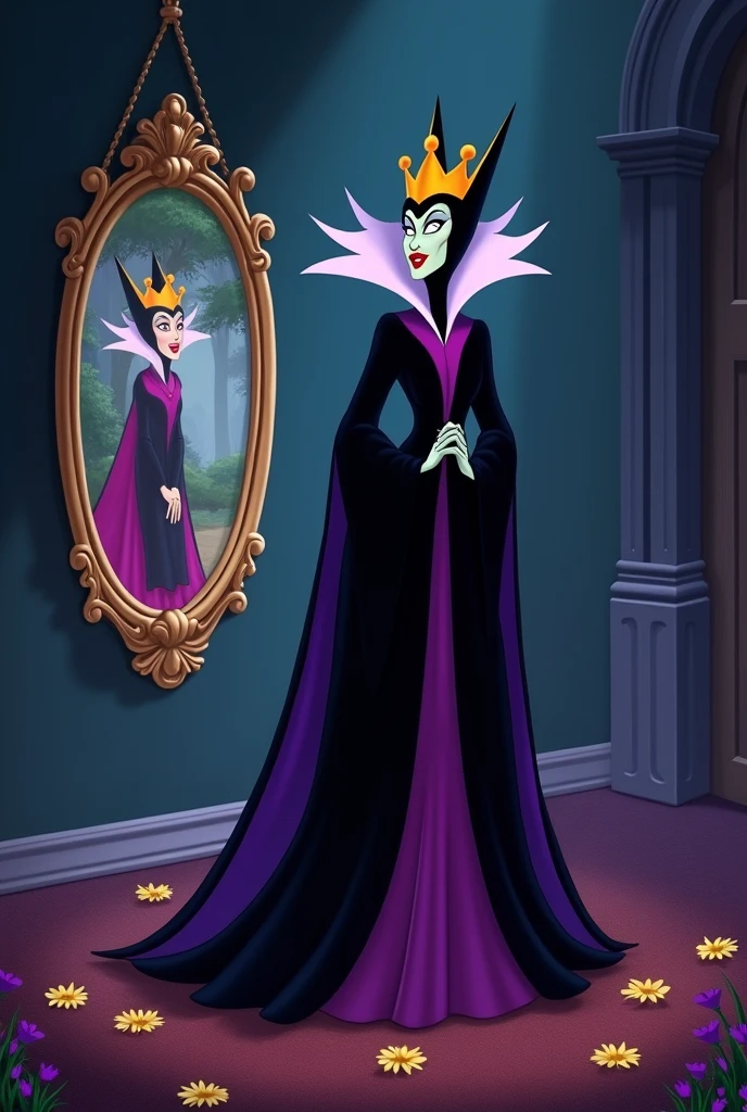 The Evil Queen stands tall in a grand throne room with a dark and ...