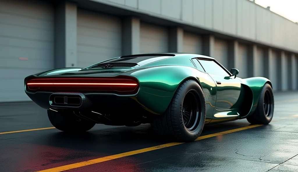 A dark green, futuristic muscle car is seen from a three-quarter rear ...