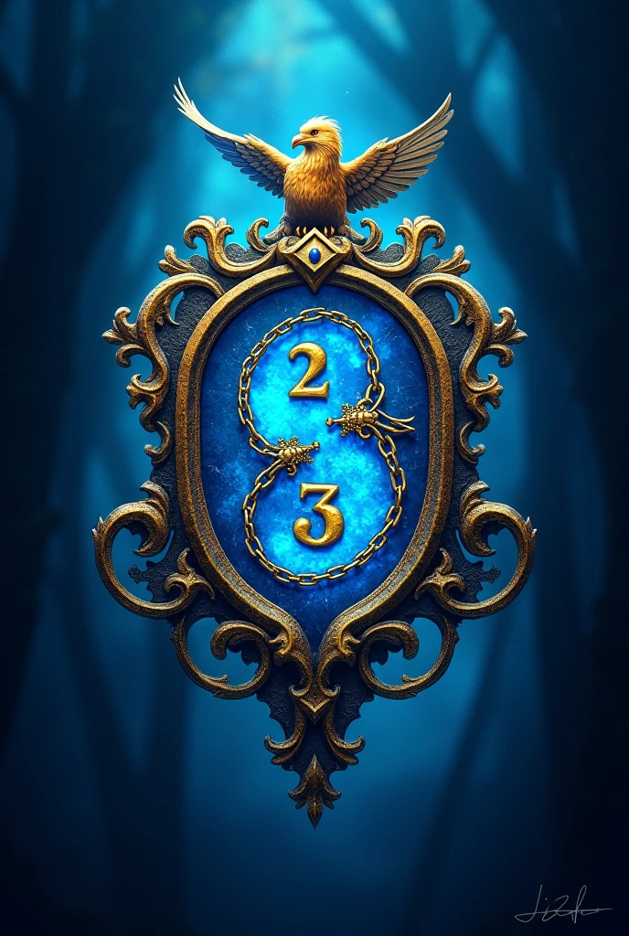 Bright blue gold logo in Harry Potter style in the center, hollowed out ...
