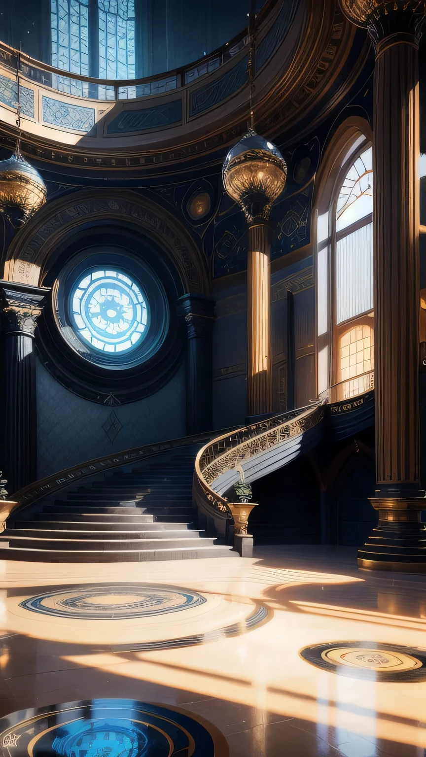 There is a large circular window in a building with a staircase - SeaArt AI