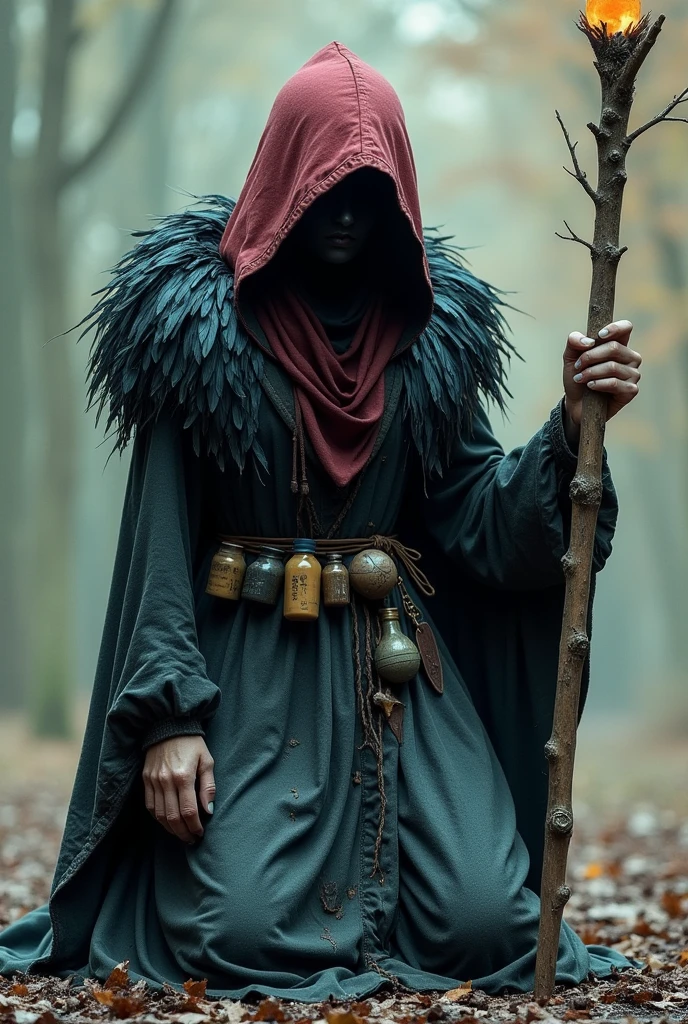 A kneeling witch, with dark-toned clothes , she wears a hood in a ...