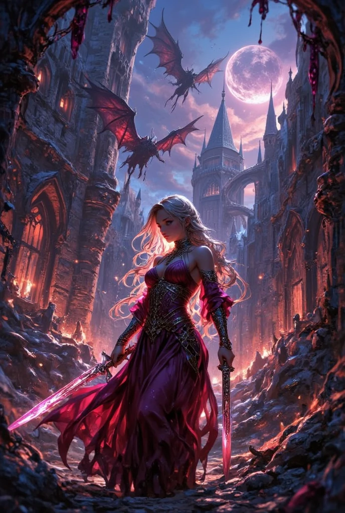 A girl with swords, flying demons, ancient castle, detailed face ...