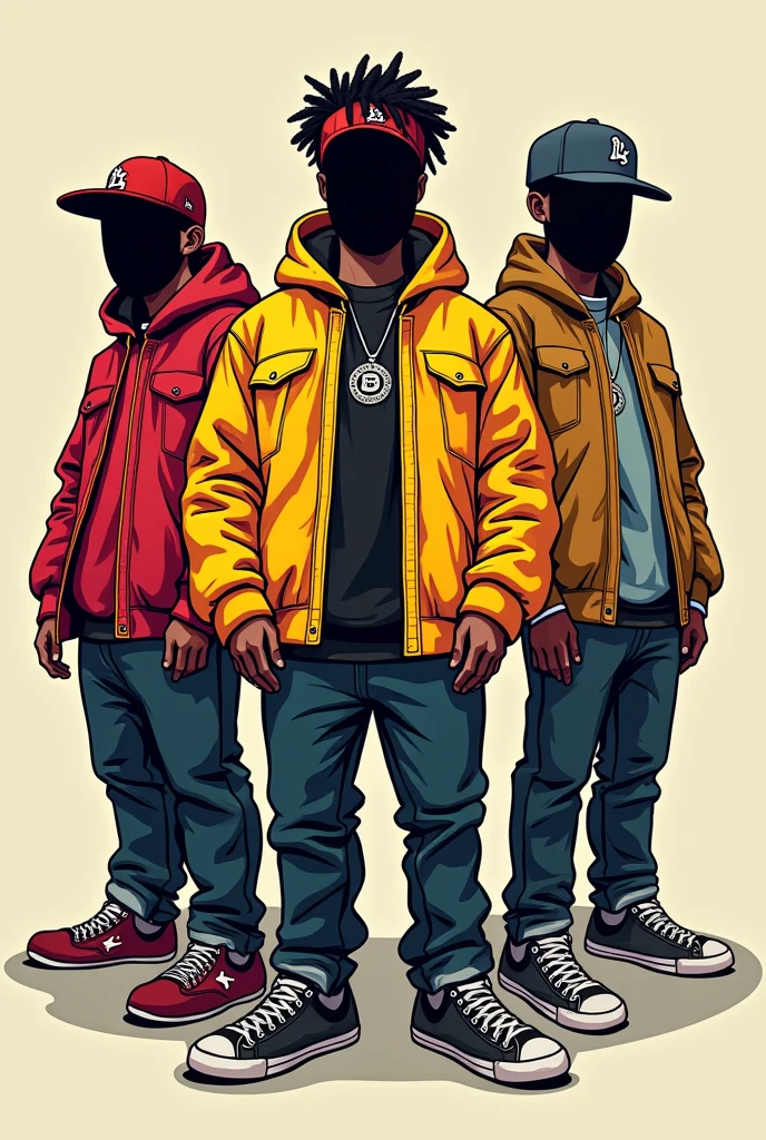 Three young rappers, guys dressed in baggy trousers and oversized ...