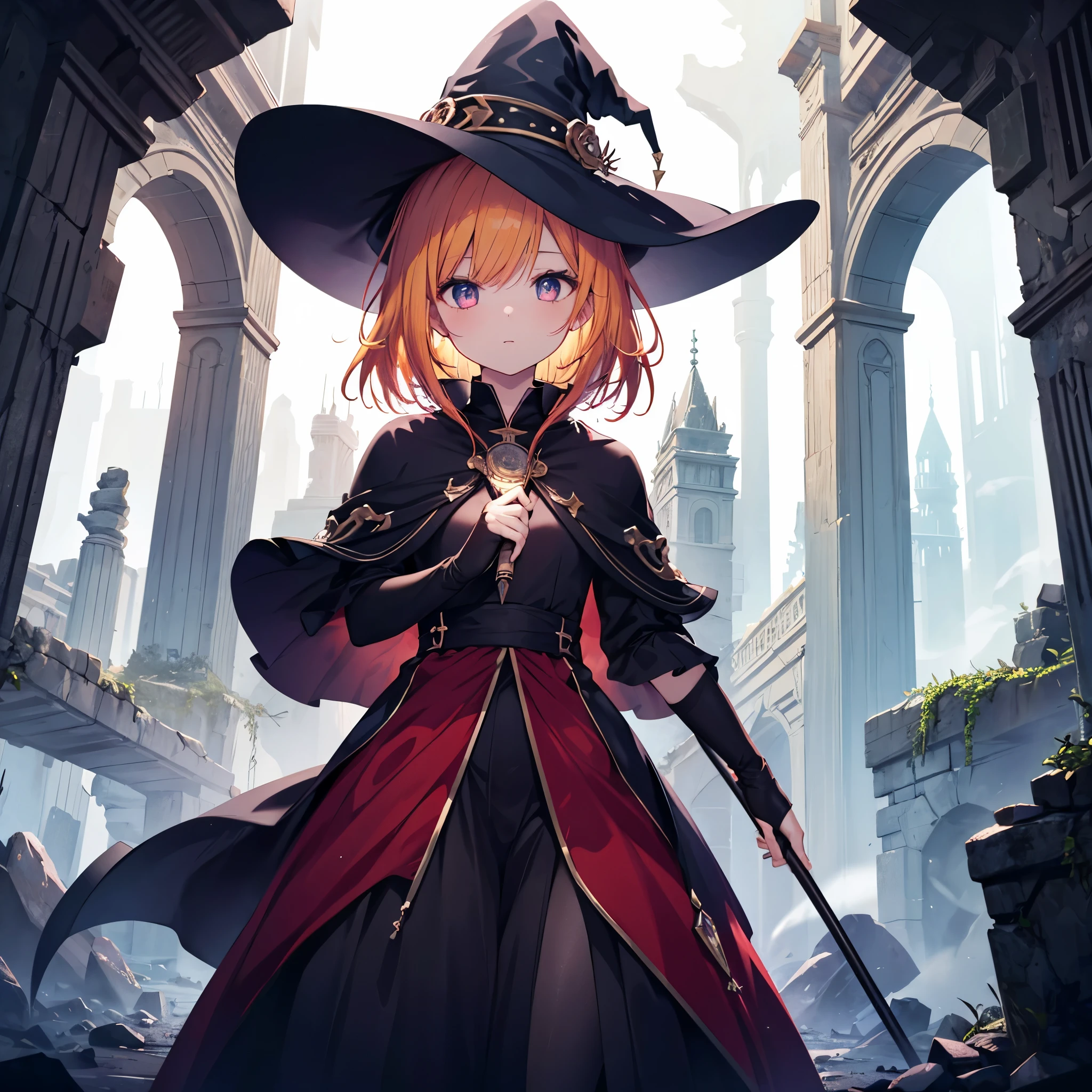 Anime girl in a witch costume holding a sword in a ruined castle ...