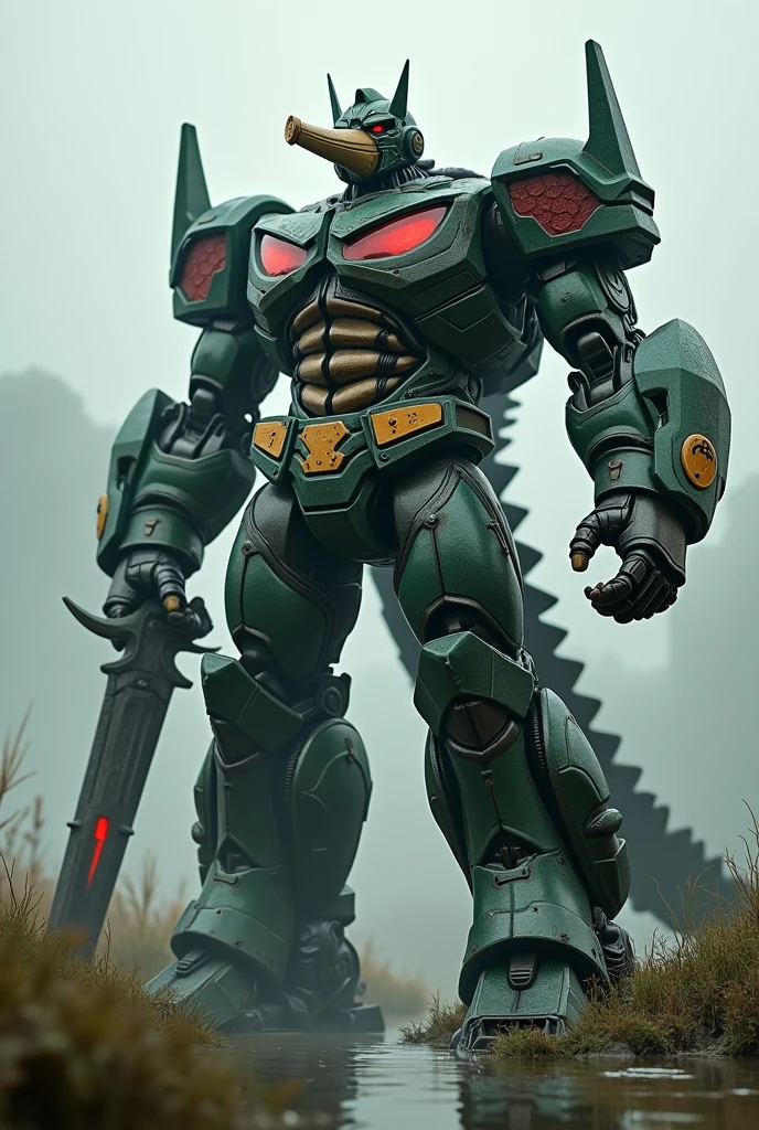 A towering robotic figure resembling Optimus Prime, standing heroically ...