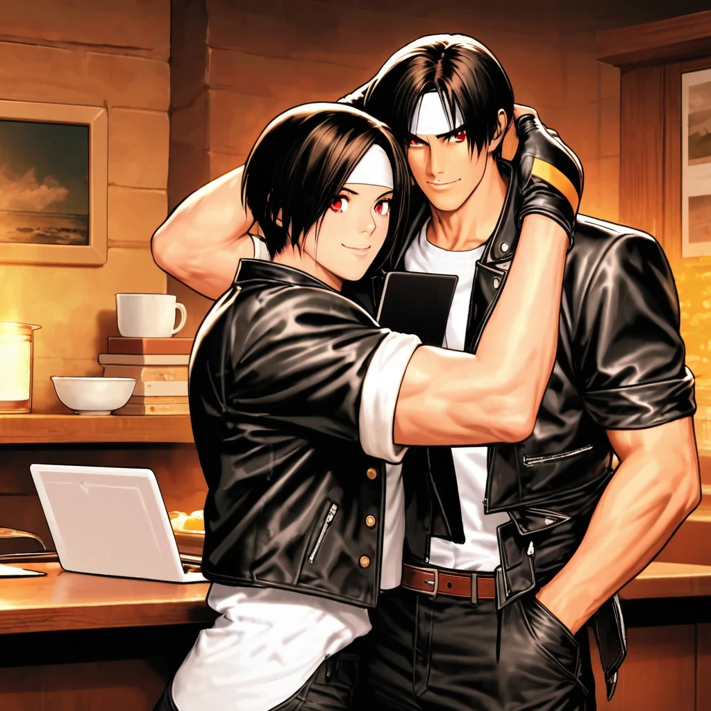 Anime couple holding their laptop on the counter and cuddling in the ...