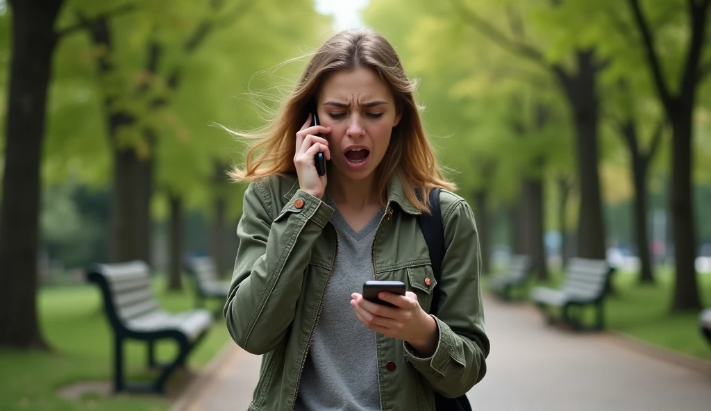 Scared adult white woman in a park holding a phone in her hand calling ...