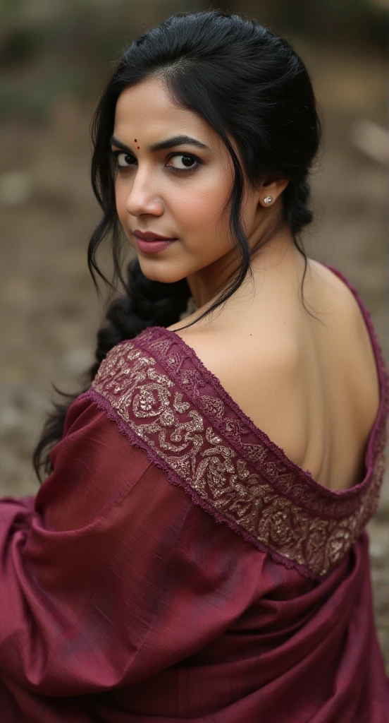 Close up shot , brown skin, side view, ponytail, Maroon saree saree ...