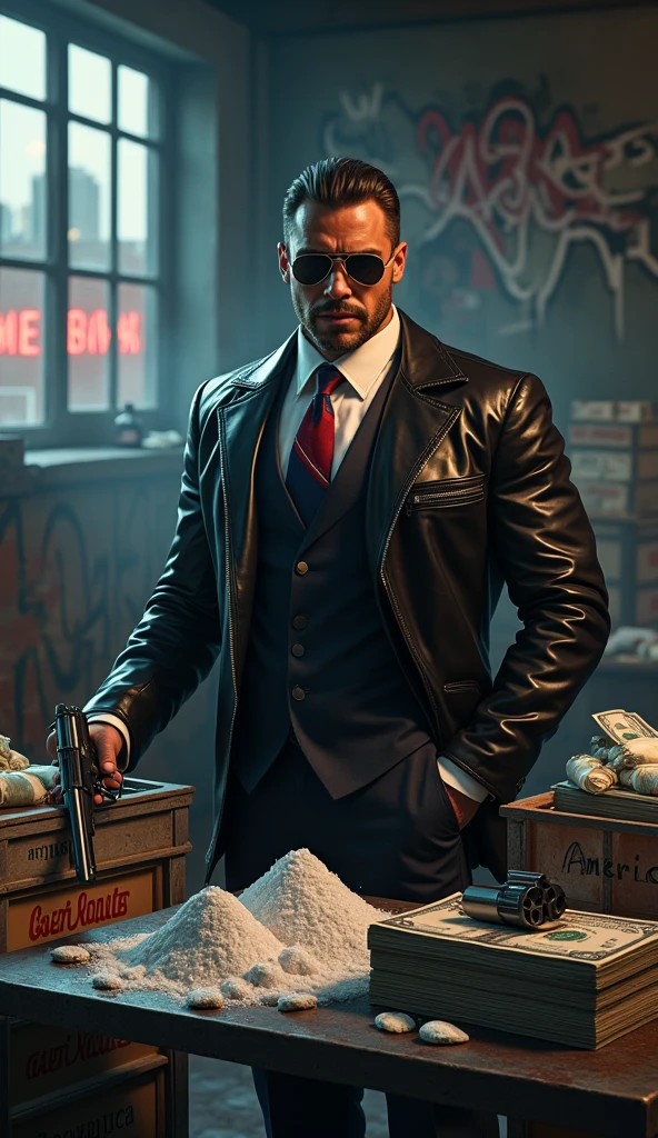 "Visualize the USA as a powerful and ruthless drug dealer in an ultra ...