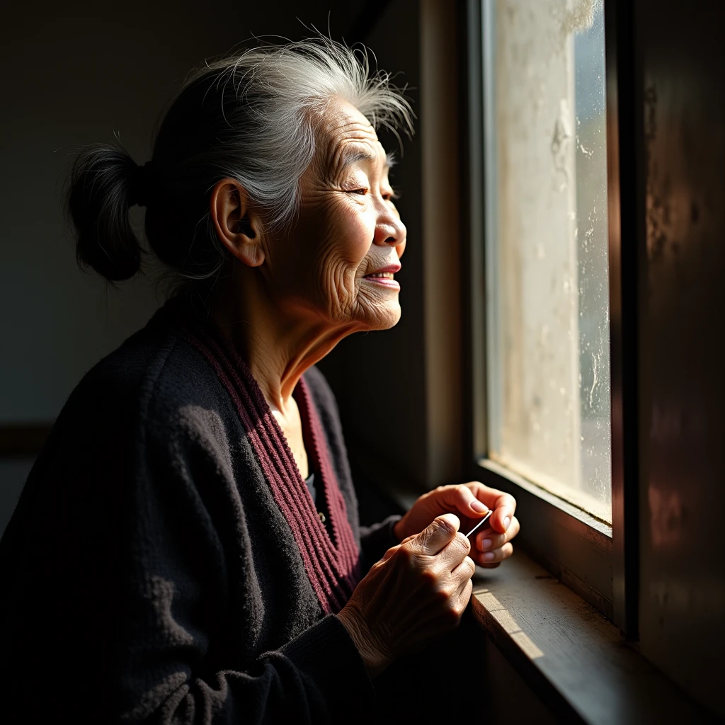 An elderly woman in Taiwan, with a gentle expression and a face covered ...