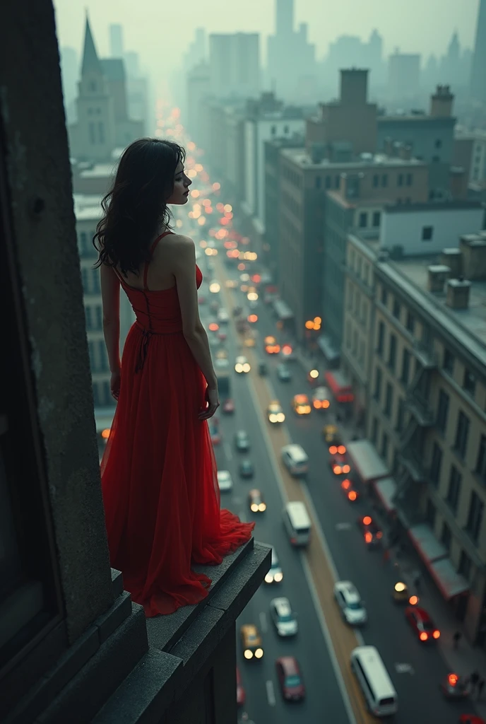 A woman dressed in red , on top of a building, throwing herself towards ...