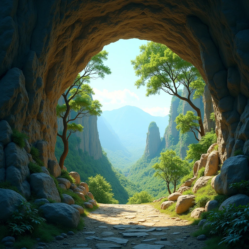 "A peaceful cave entrance nestled amidst a lush, green forest - SeaArt AI