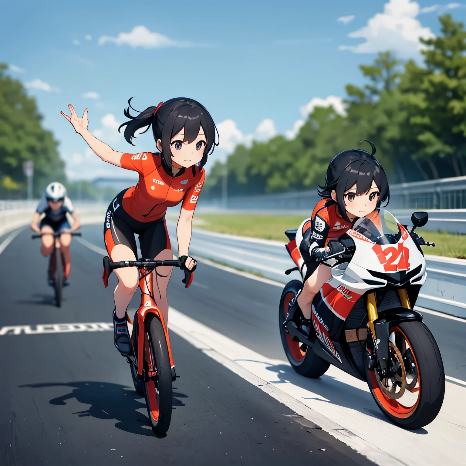 Anime characters riding on a motorcycle on a highway with trees in the ...
